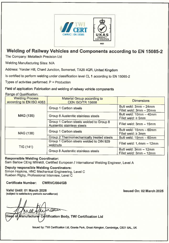 Certified EN 15085 and ISO 3834 welding - Metaltech